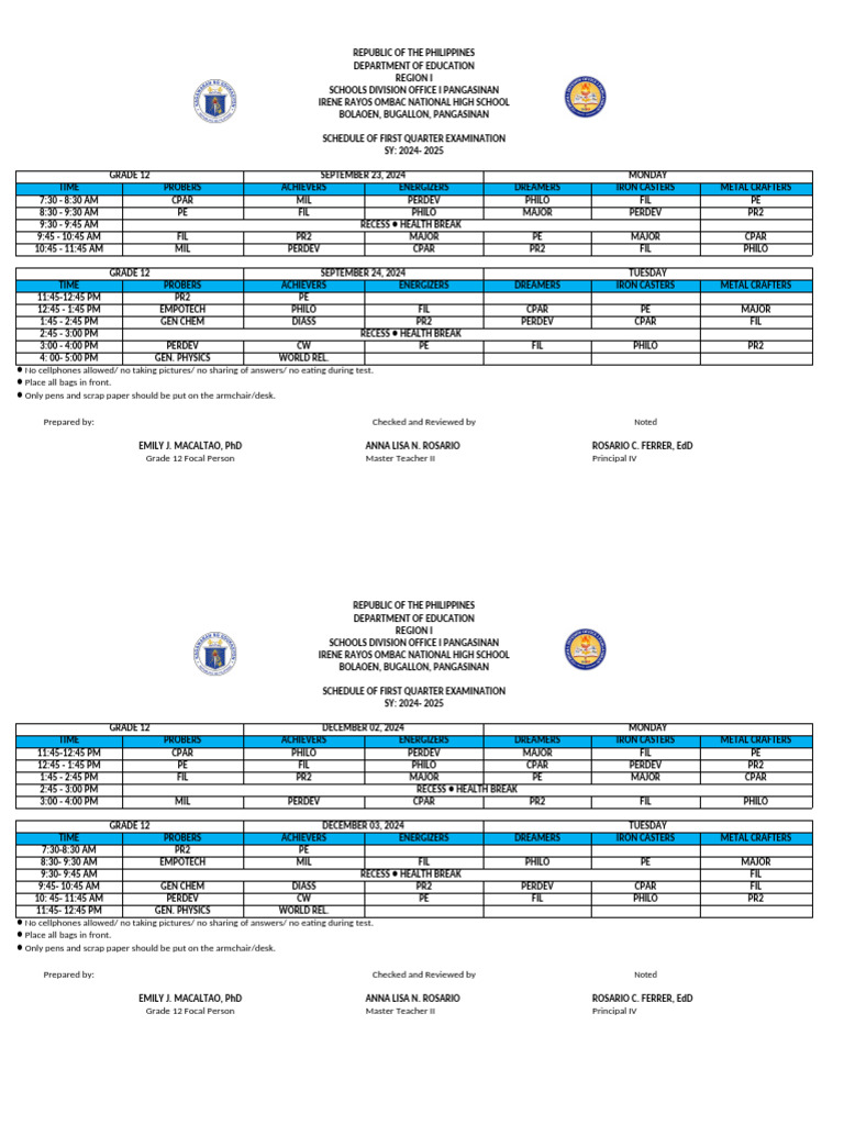Grade 12 Exam Schedule SY 2024-2025 | PDF
