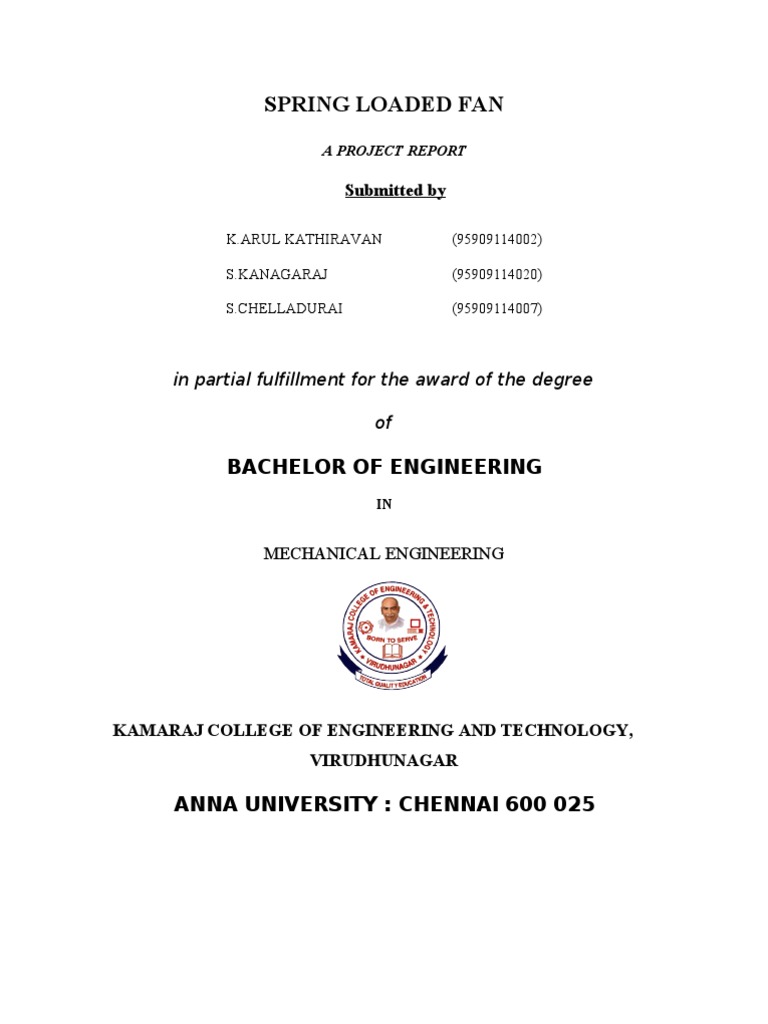 Spring Loaded Fan Project Report | PDF | Gear | Doctor Of Philosophy