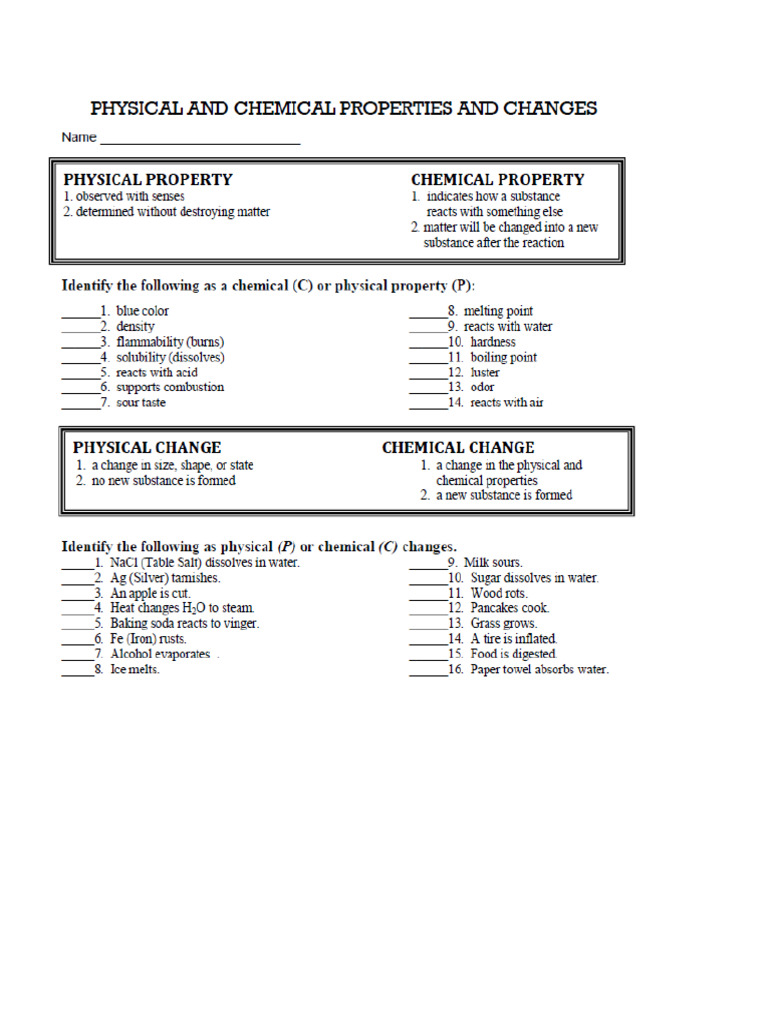 Physical & Chemical Properties Worksheet | PDF