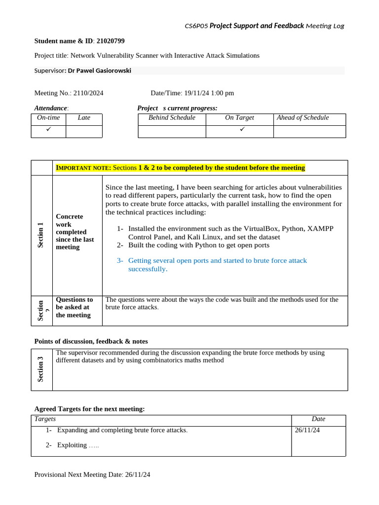 CS6P05 Project Supervision Meeting Log Template 2 | PDF | Software Engineering | Computing