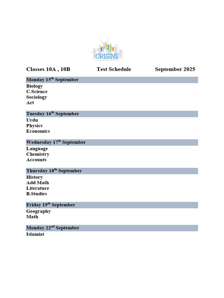 September 2025 Test Schedule for Classes 10A & 10B | PDF