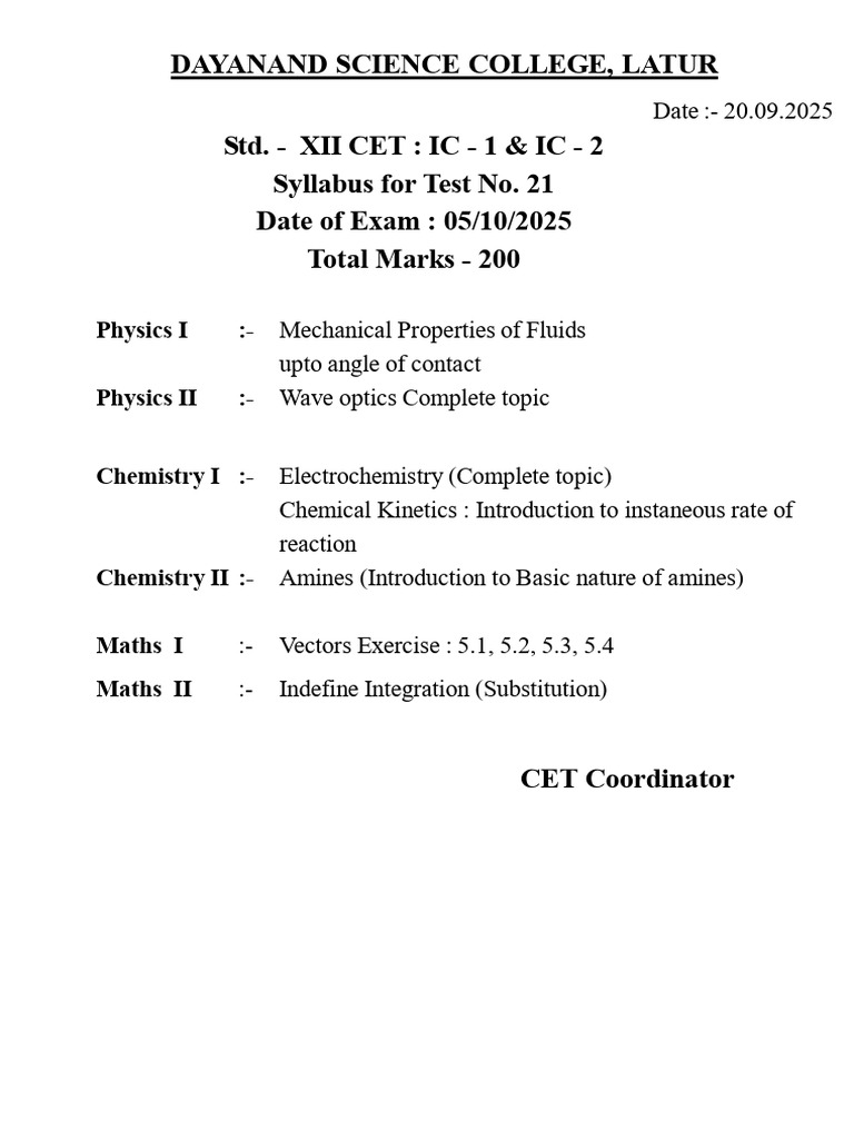XII CET Intergrated IC - 1 & IC - 2 - Test-21!05!10-2025 - Updated | PDF