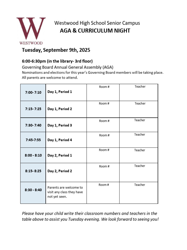 Westwood High School Curriculum Night 2025 | PDF