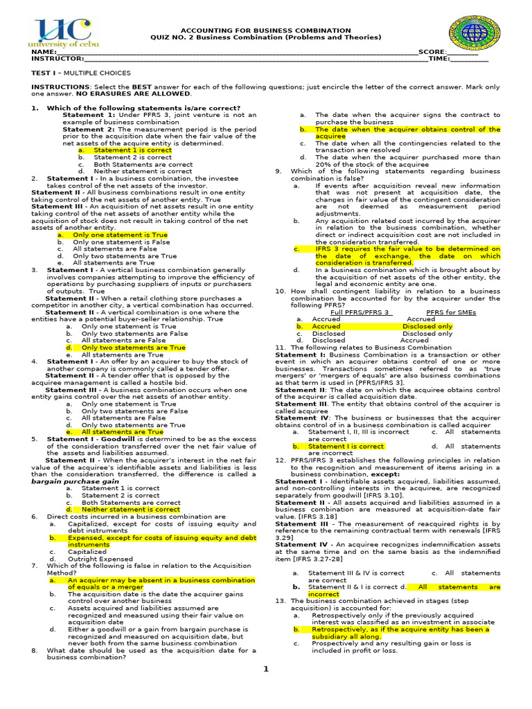 Business Combination Quiz No. 2 | PDF | Goodwill (Accounting) | Mergers ...