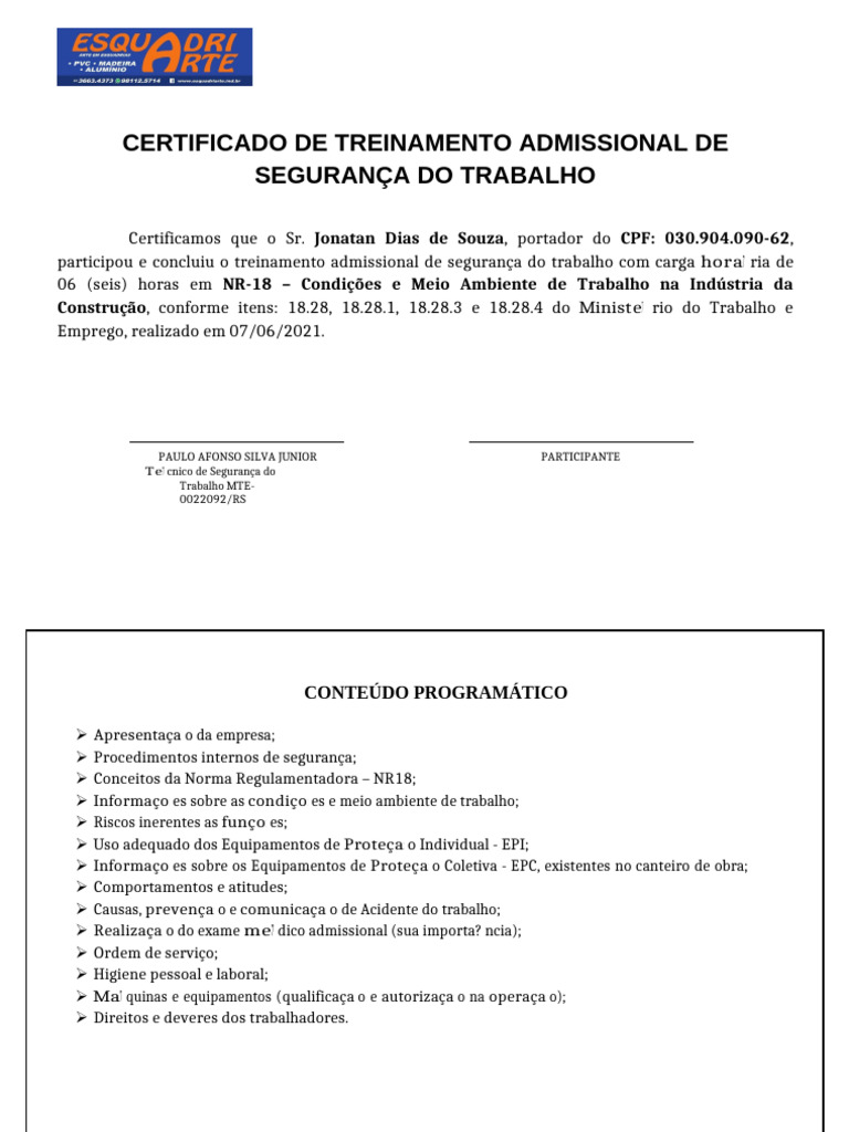 Modelo Certificado Nr18 | PDF