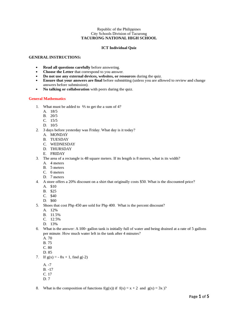 Tacurong National High School ICT Quiz | PDF | Operating System ...