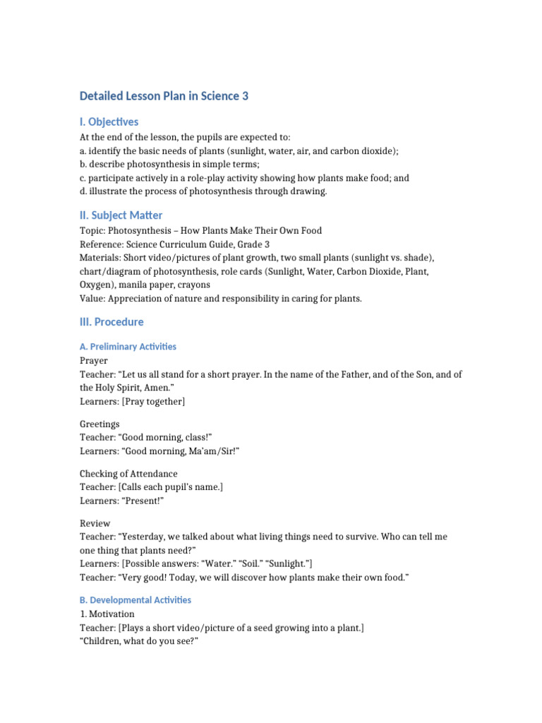 Grade 3 Photosynthesis Lesson Plan | PDF | Plants | Photosynthesis