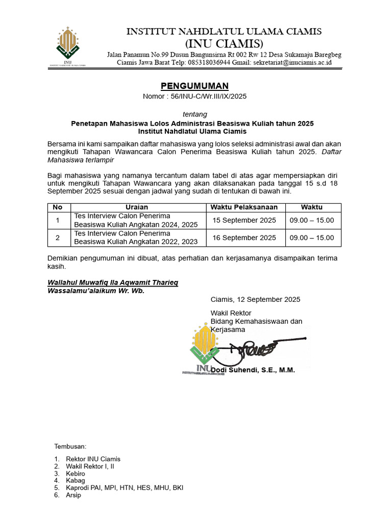 Mahasiswa Lolos Beasiswa 2025 INU Ciamis | PDF