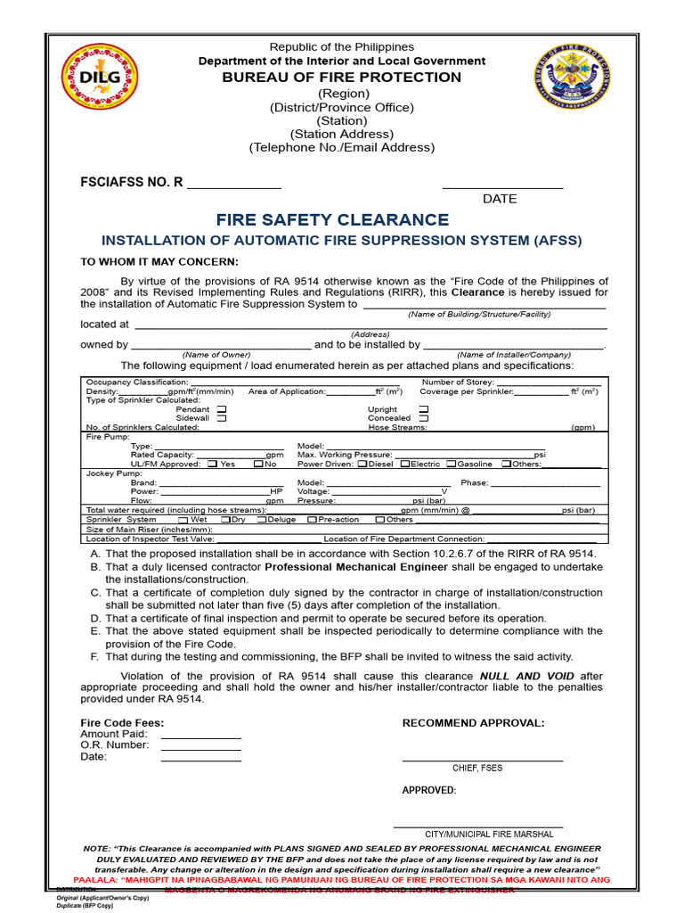 FSED 33F Fire Safety Clearance For Installation of Automatic Fire Suppression System AFSS Rev02 ...