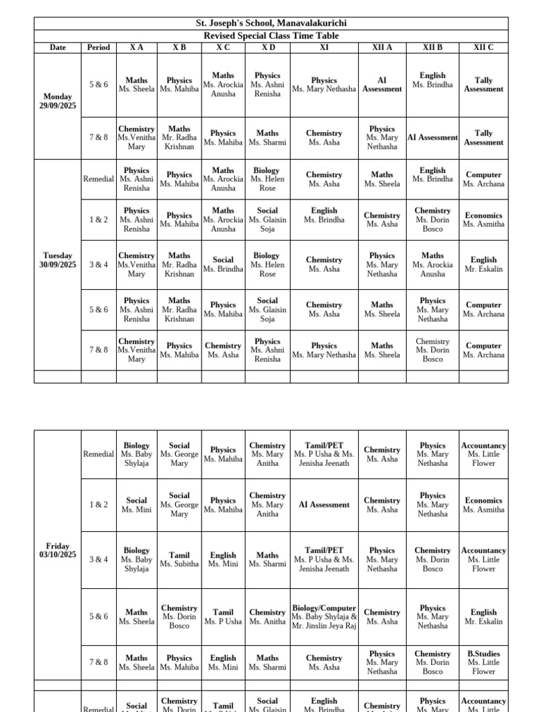 Revised Special Class Time Table-1 | PDF | Natural Sciences