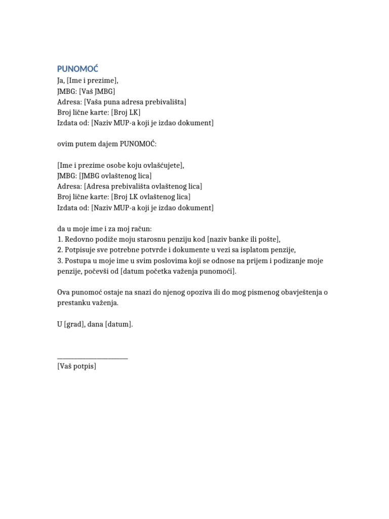 Punomoc Penzija BiH-1 | PDF