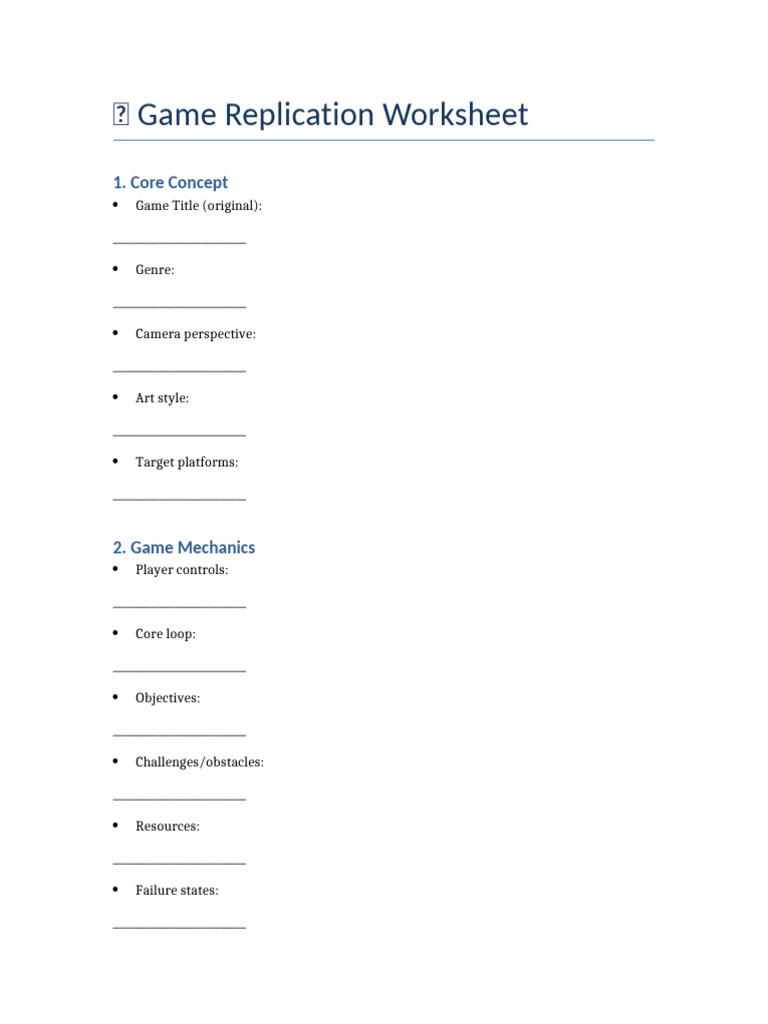 Game Replication Worksheet Checklist | PDF