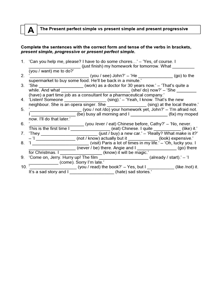 A. HOMEWORK - Present Simple, Progressive, Present Perfect Simple | PDF