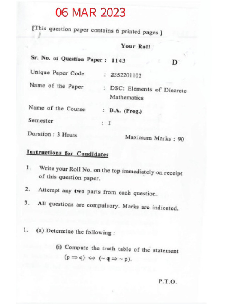 2022-23 - Sem1 - BA (Prog.) - Elements of Discrete Mathematics | PDF
