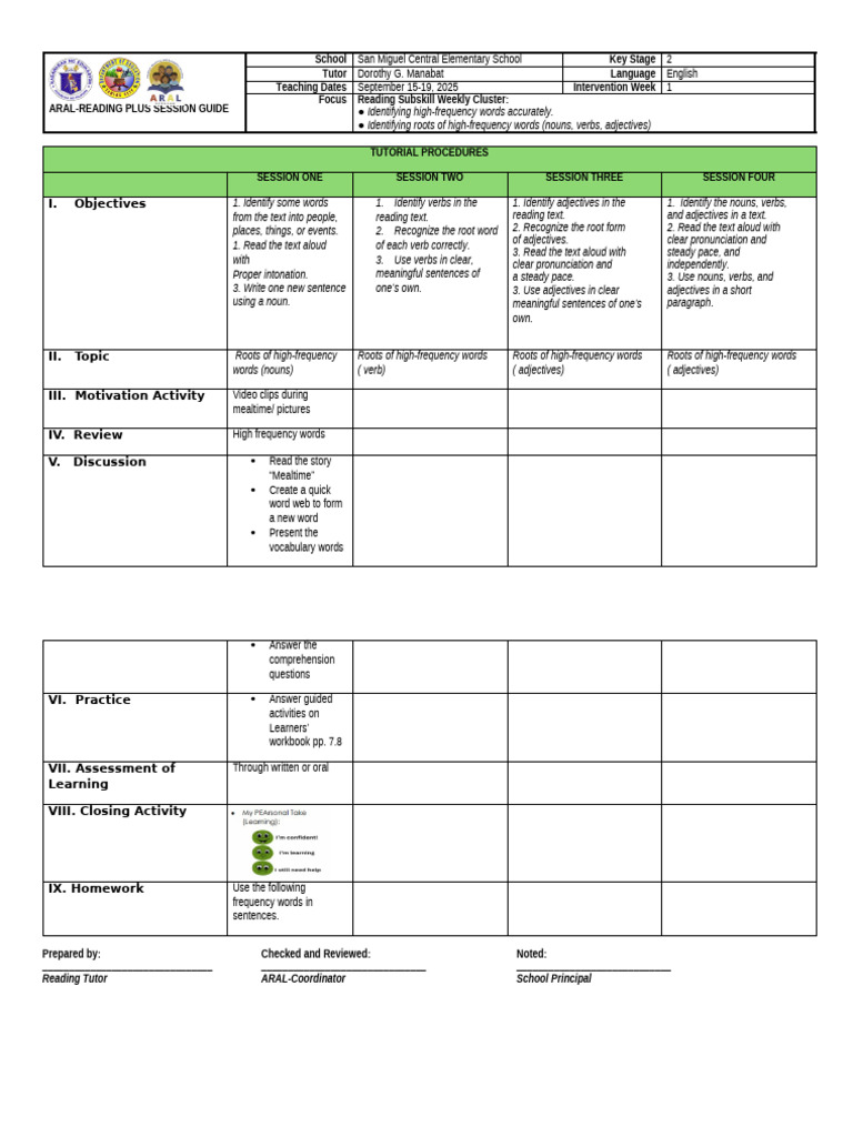 ARAL Reading Plus Session Guide KS2 | PDF | Adjective | Verb