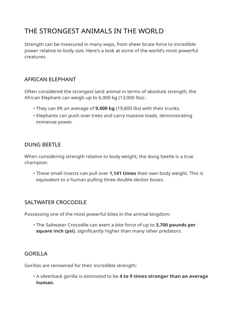 Top Pound-for-Pound Strongest Animals | PDF