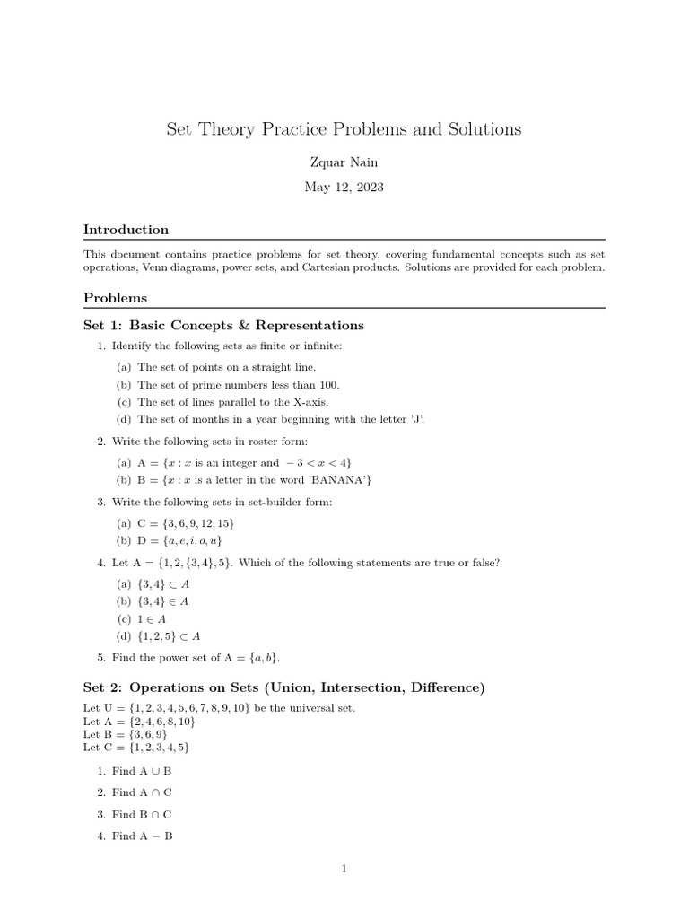 Set Theory Problems and Solutions Guide | PDF | Set (Mathematics ...