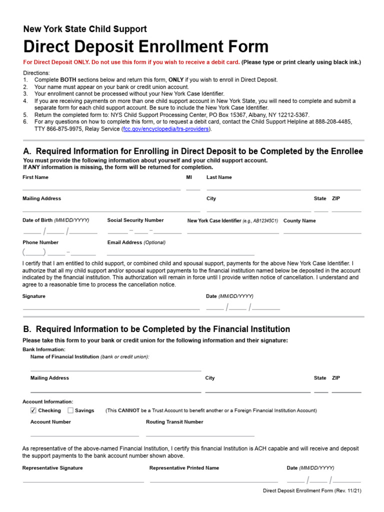 New York Child Support Direct Deposit Form | PDF | Banks | Banking