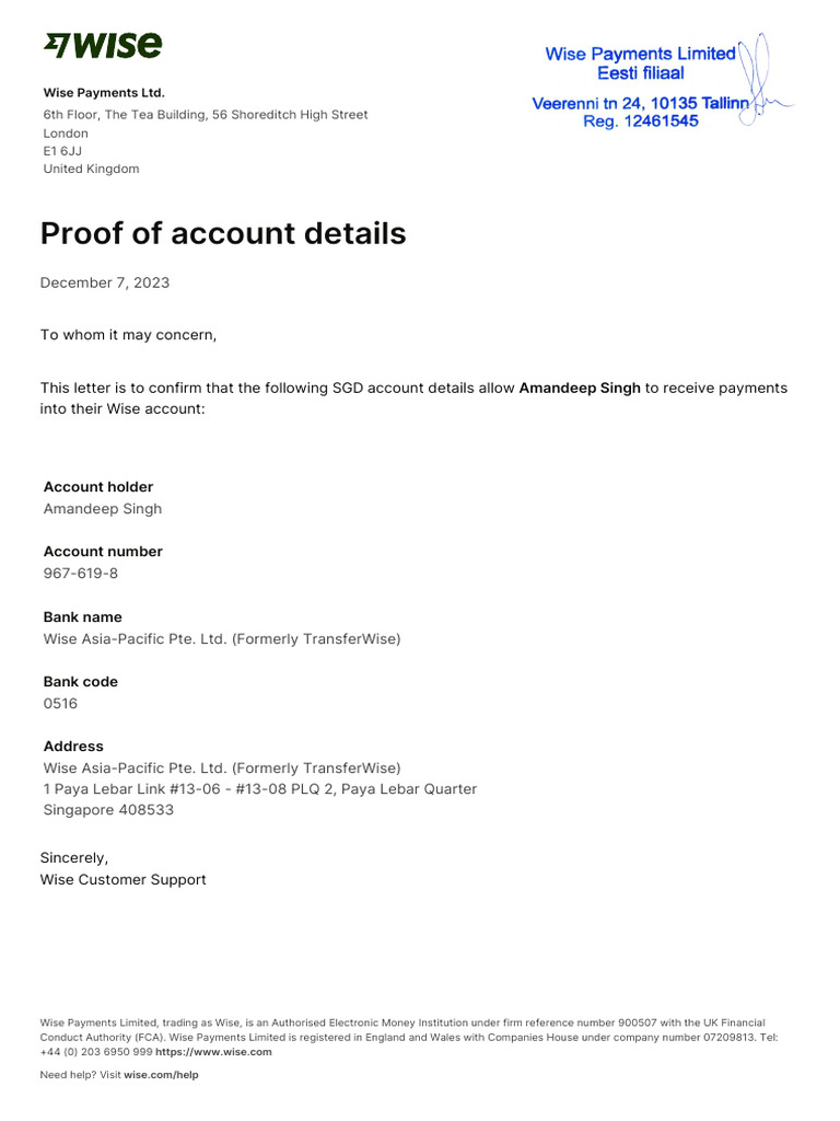 Account Details Proof SGD | PDF
