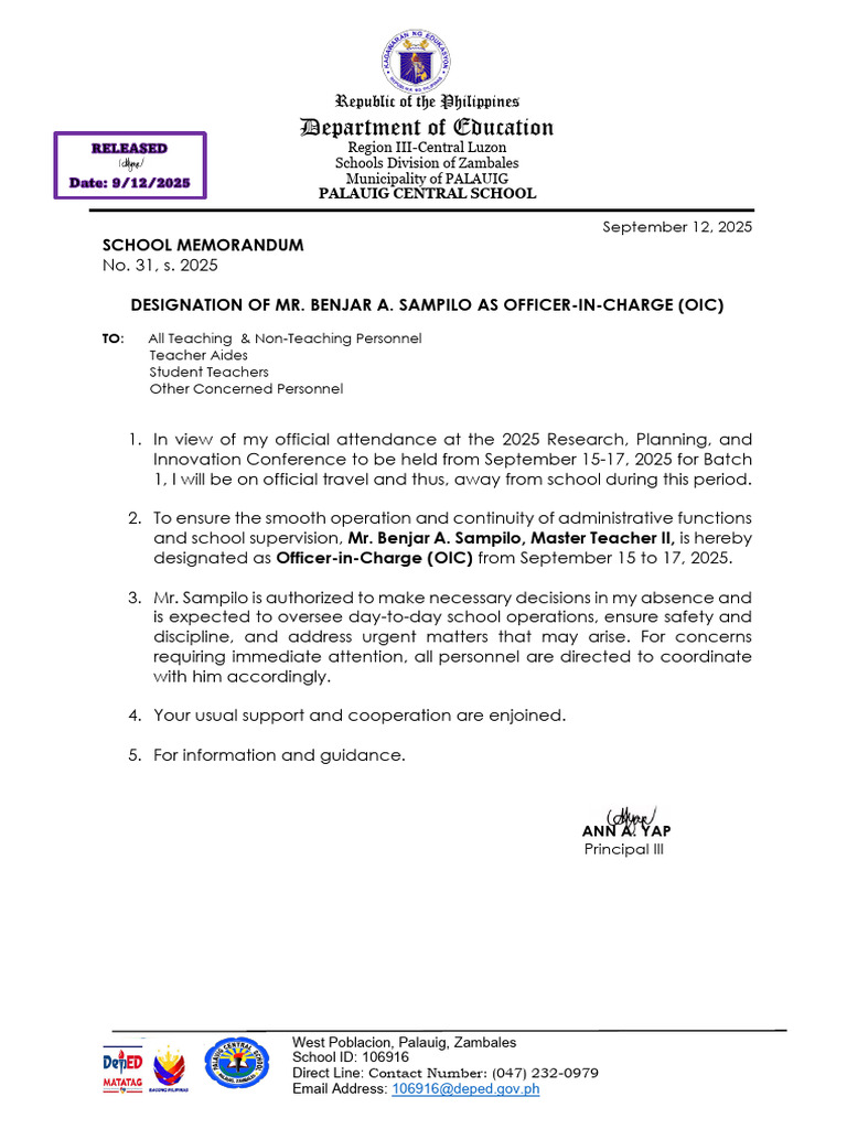 School Memorandum 031 S. 2025 Designation of Mr. Benjar A. Sampilo As ...