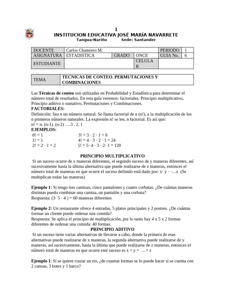 GUIA 6 ESTAD 11 Permt y Combn | PDF | Permutación | Matemáticas