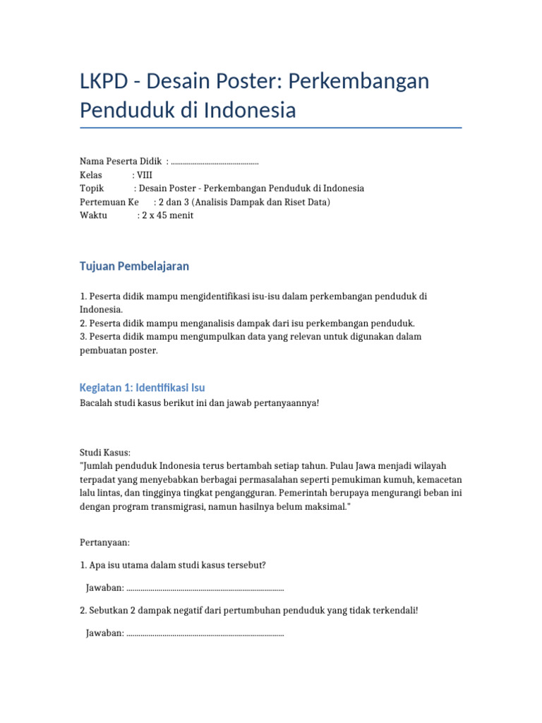 LKPD Desain Poster Perkembangan Penduduk Kelas 8 | PDF