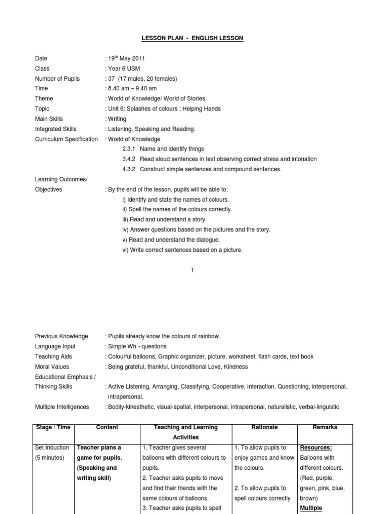 Year 6 English: Colors & Stories | PDF | Lesson Plan | Reading (Process)