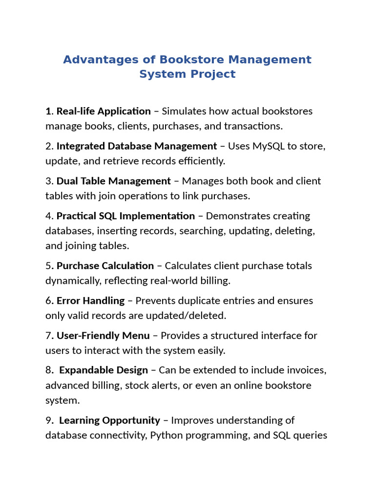 Advantages of Bookstore Management System Project | PDF