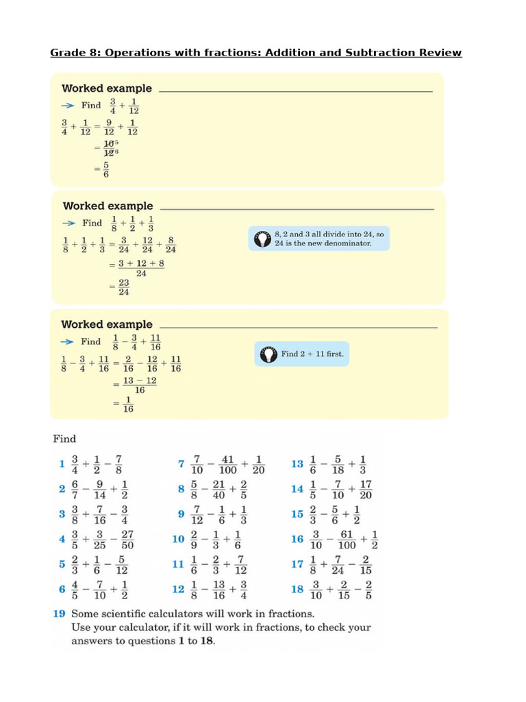 Operations With Fractions Review Addition Subtraction | PDF