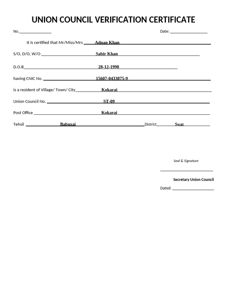 Union Council Verification Certificate 2022 | PDF