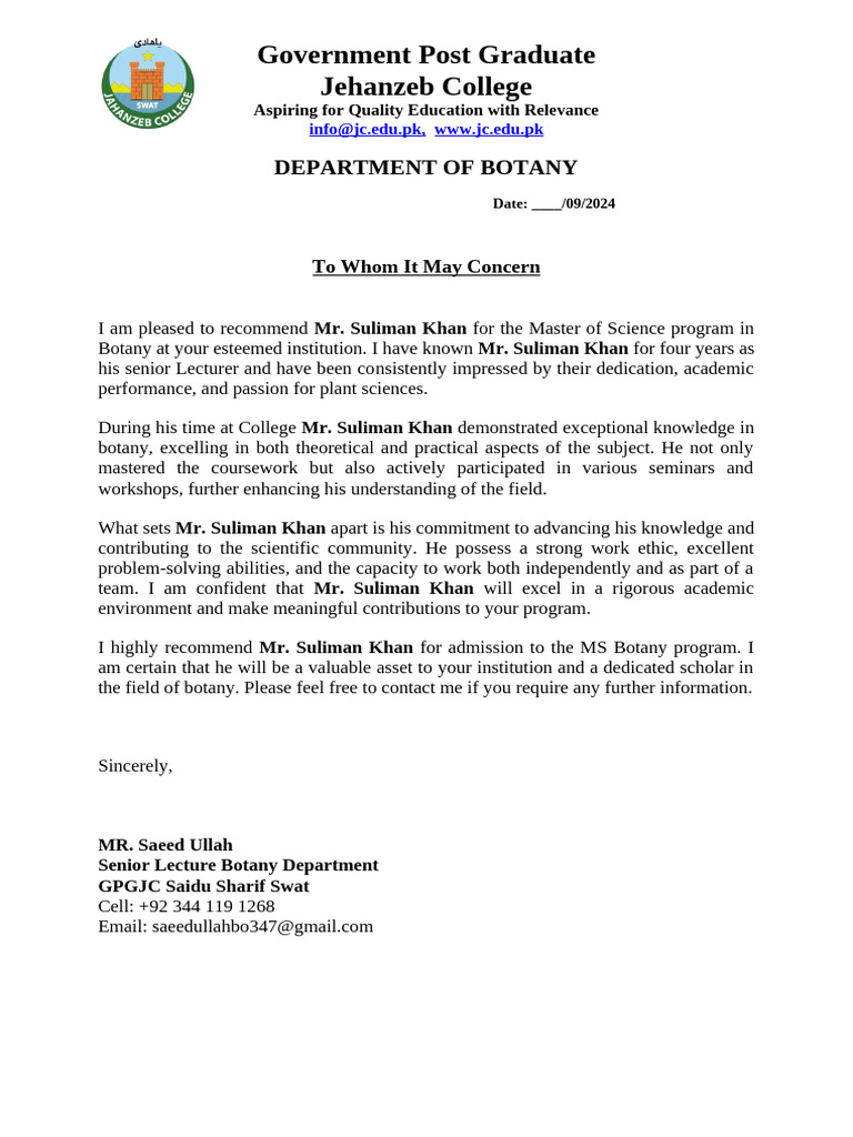 Recommendation Letter in Favour of MR | PDF