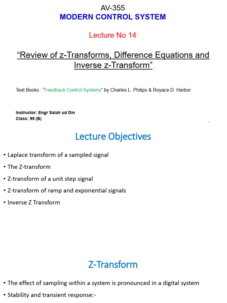 Lecture 14 Av 355 - Review of Z-Transforms, Difference Equations and ...