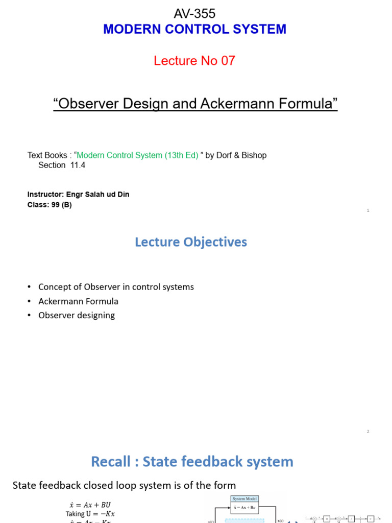 Observer Gain via Ackermann Formula | PDF | Control Theory | Estimator