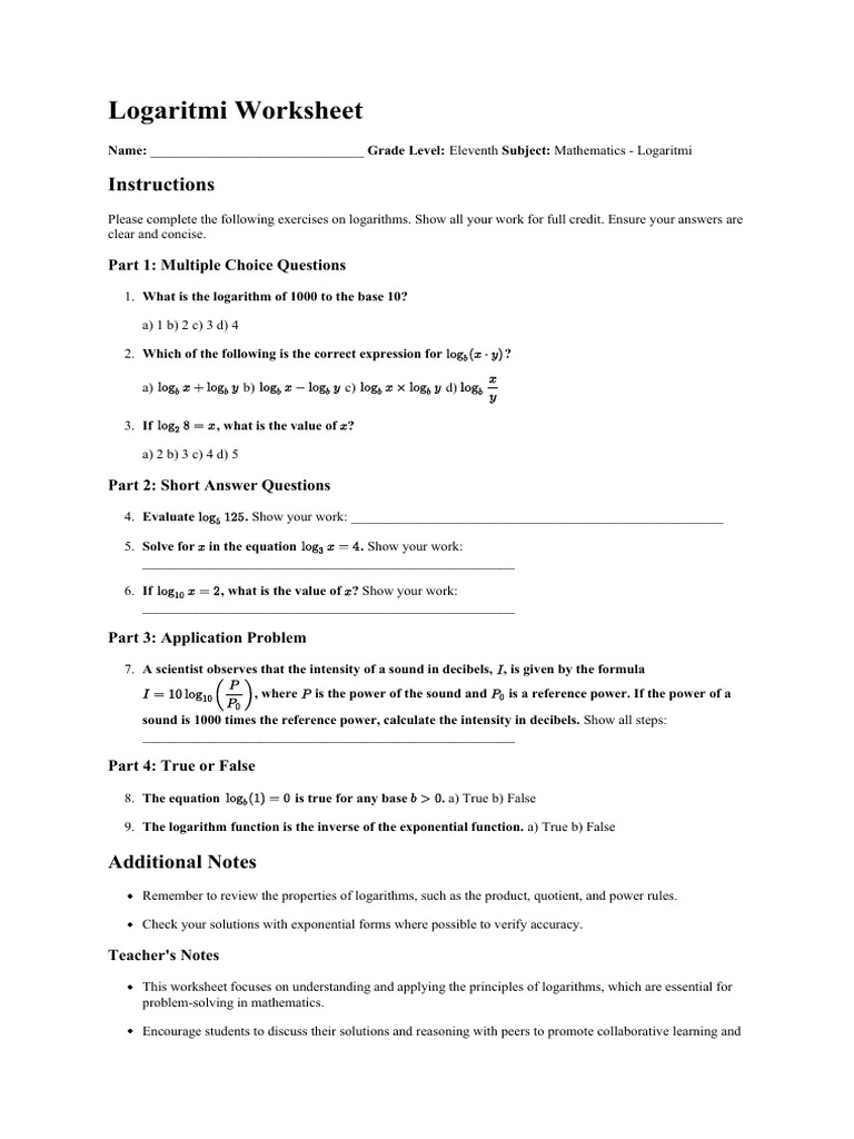 Logaritmi Worksheet 250227 123355 | PDF