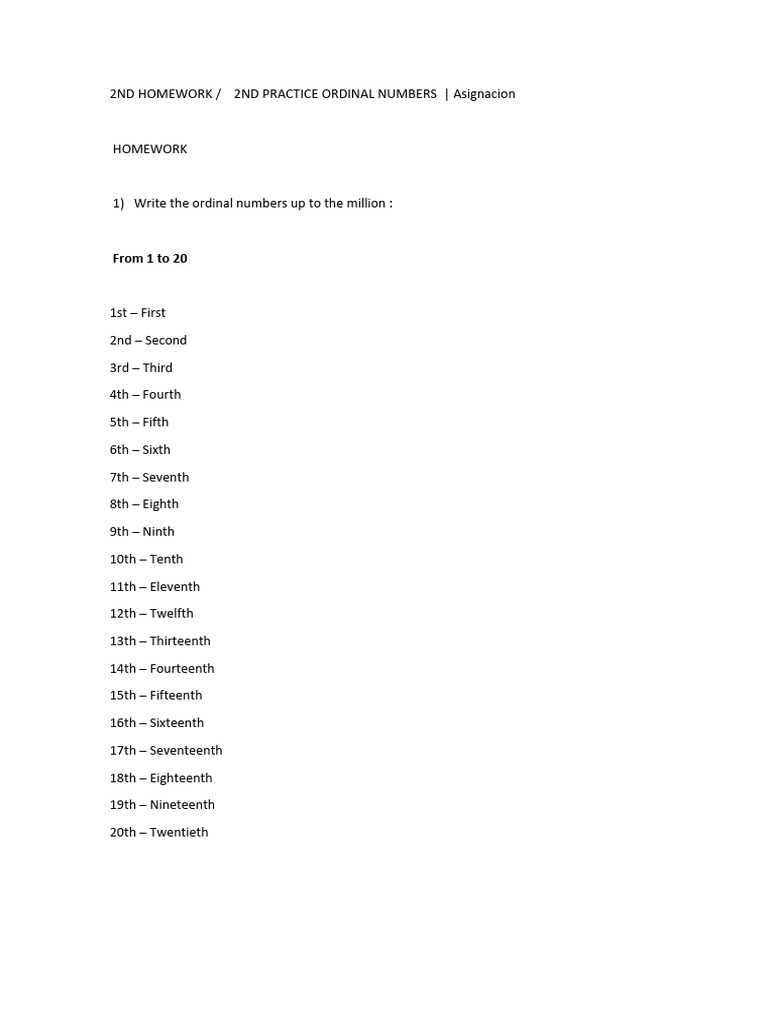Ordinal Numbers Homework Assignment | PDF
