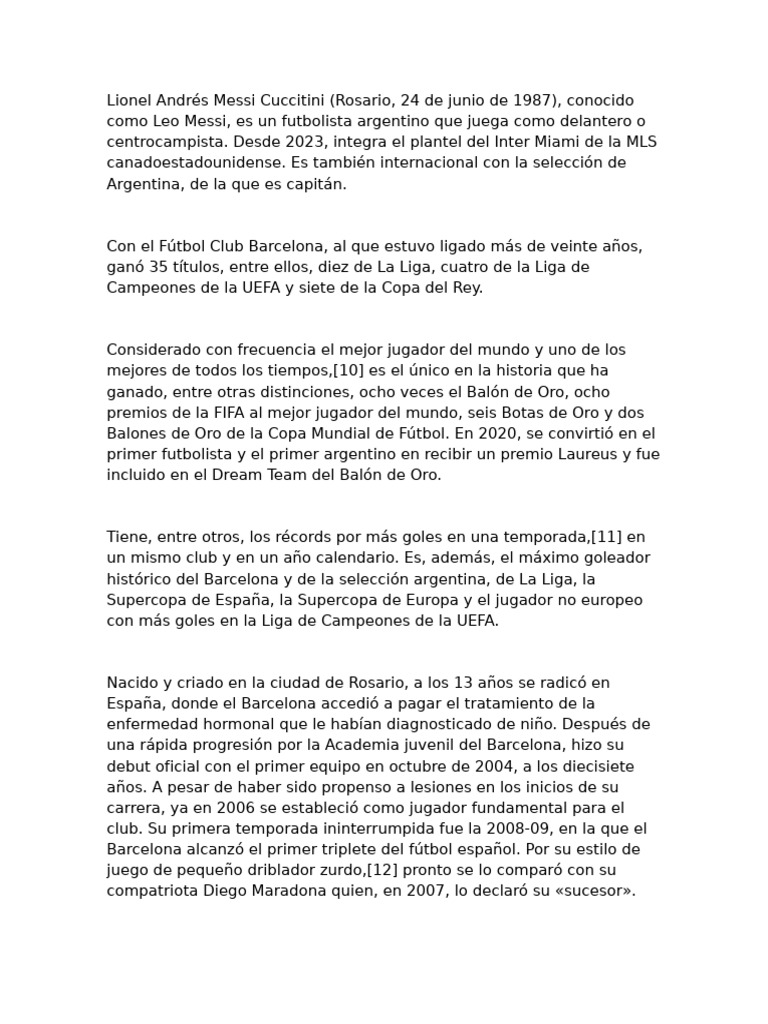 Lionel Andrés Messi Cuccitini El Mejor Jugador | PDF | Lionel Messi ...