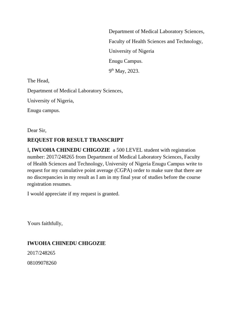 Request for Transcript from UNN Student | PDF
