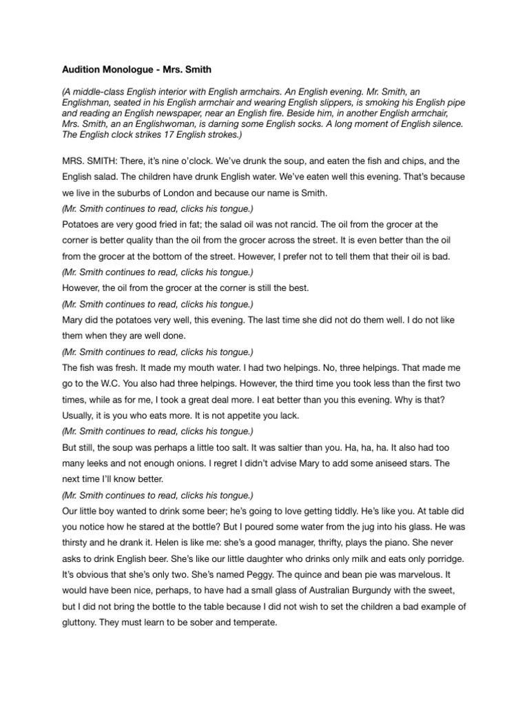 Audition Monologue - Mrs. Smith | PDF | Western Cuisine | Cooking