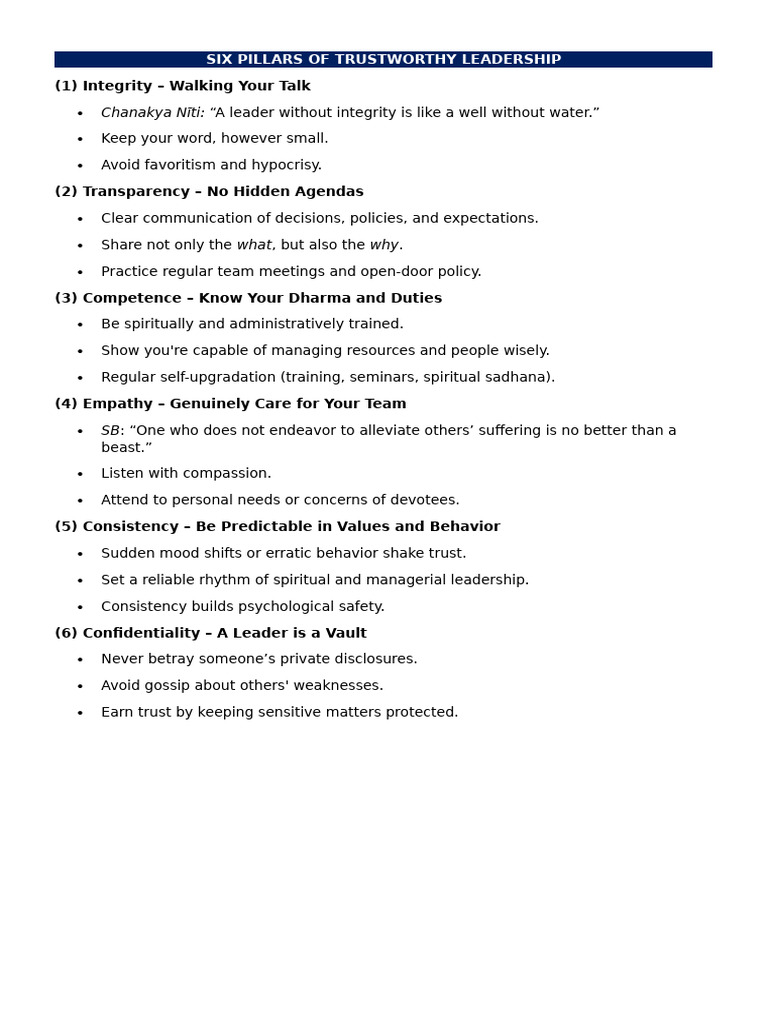 Six Pillars of Trustworthy Leadership For Bliss Leaders | PDF