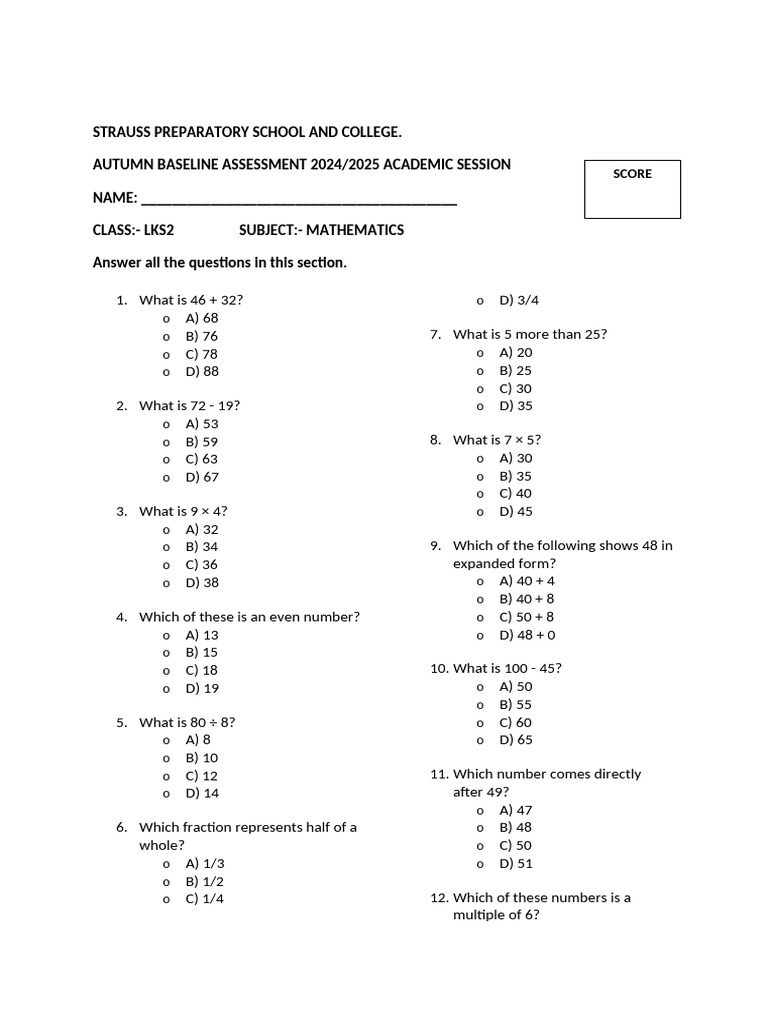 LKS2 Mathematics Baseline Assessment 2024 | PDF | Chess Theory | Chess