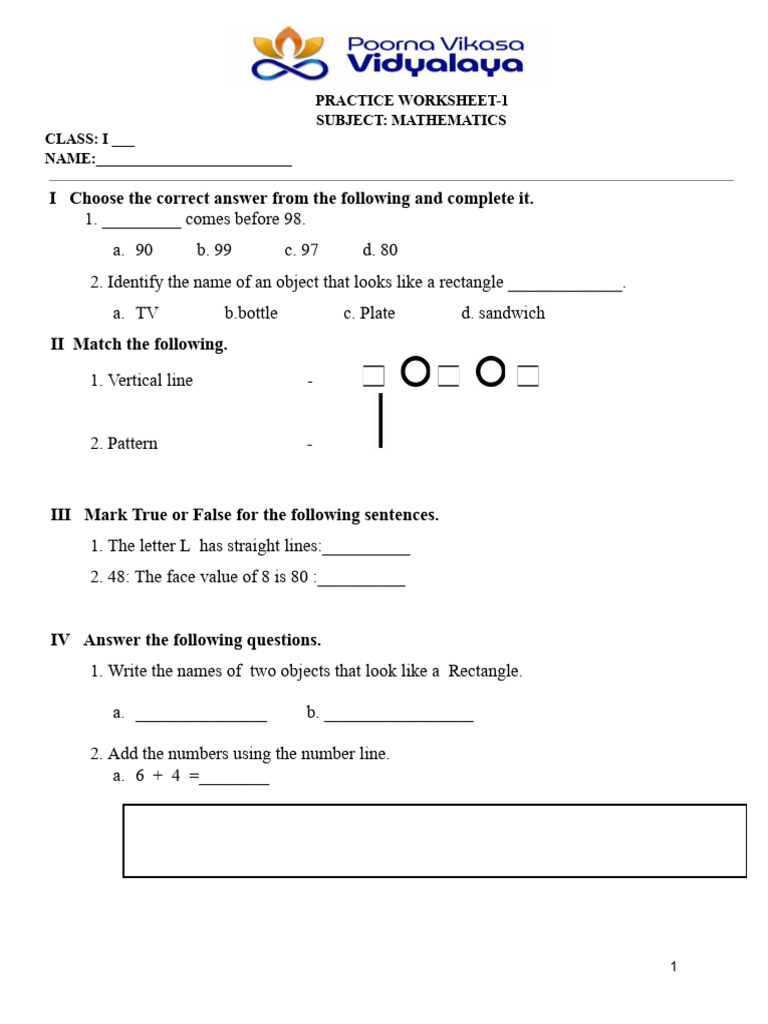 Grade 1 Maths Practice Worksheet-1 | PDF