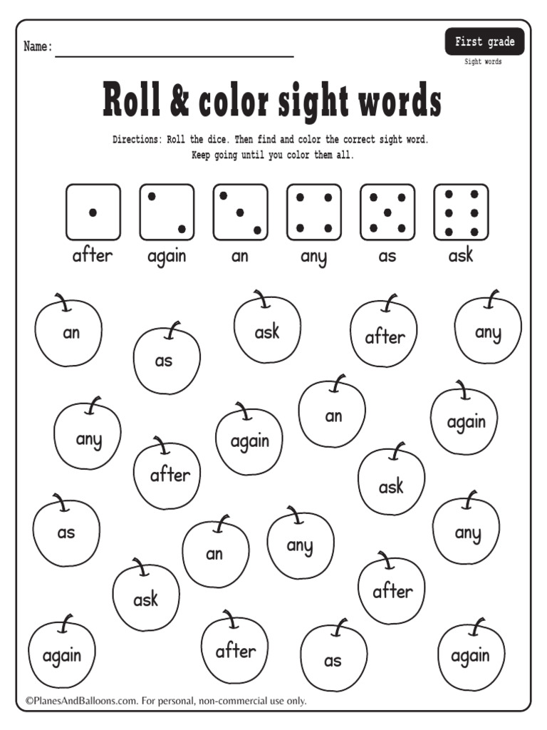 First Grade Roll & Color Sight Words | PDF | Dice | Tabletop Games