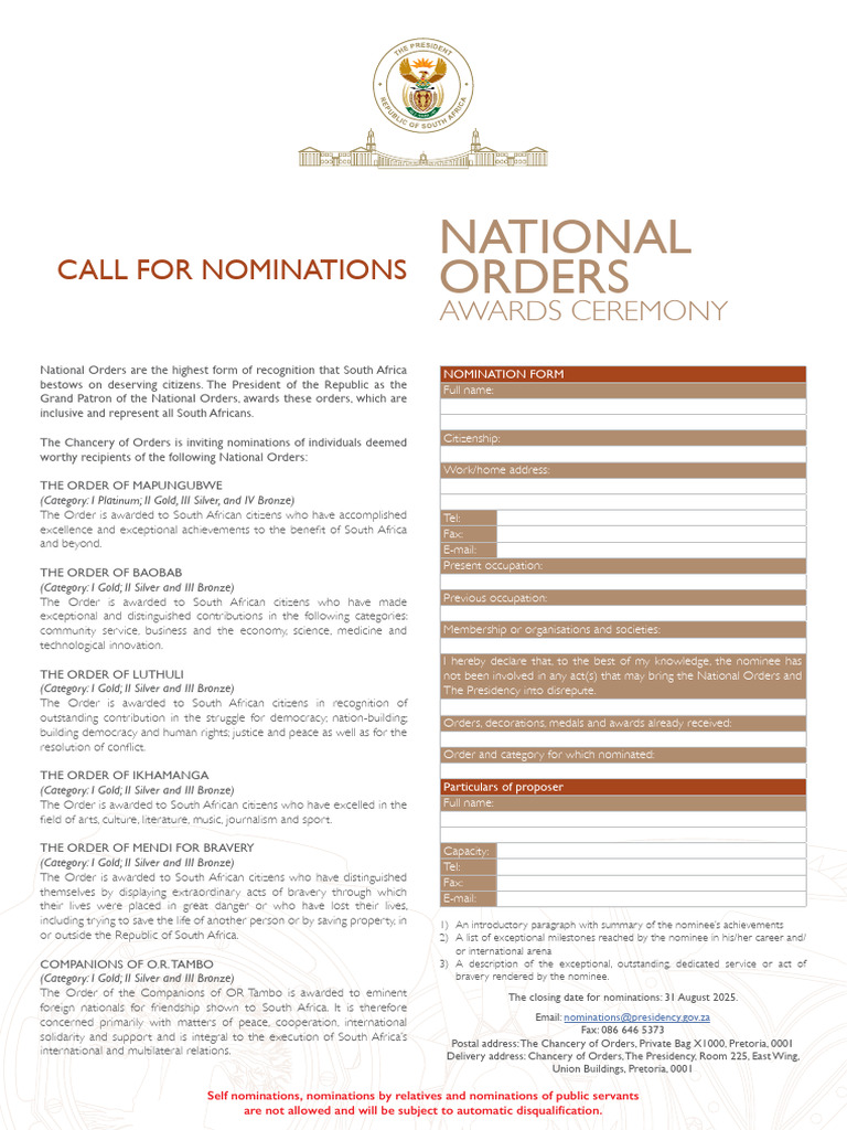 National Orders 2025: Call for Nominations | PDF | South Africa ...