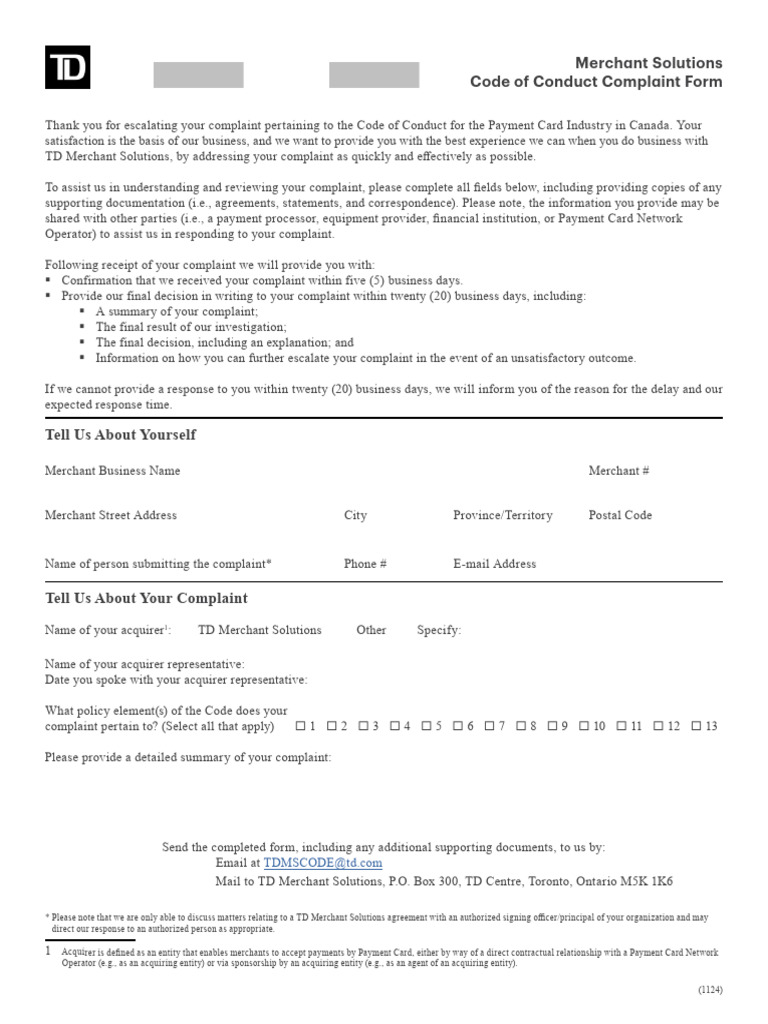 TD Merchant Solutions Complaint Form | PDF | Complaint