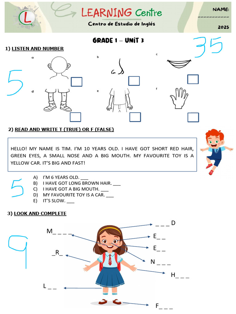 Grade 1 - Test Unit 3 - 2025 Marks | PDF