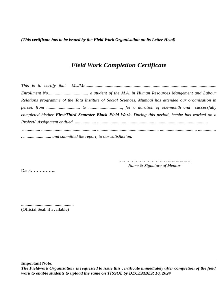 FORMAT Field Work Completion Certificate | PDF