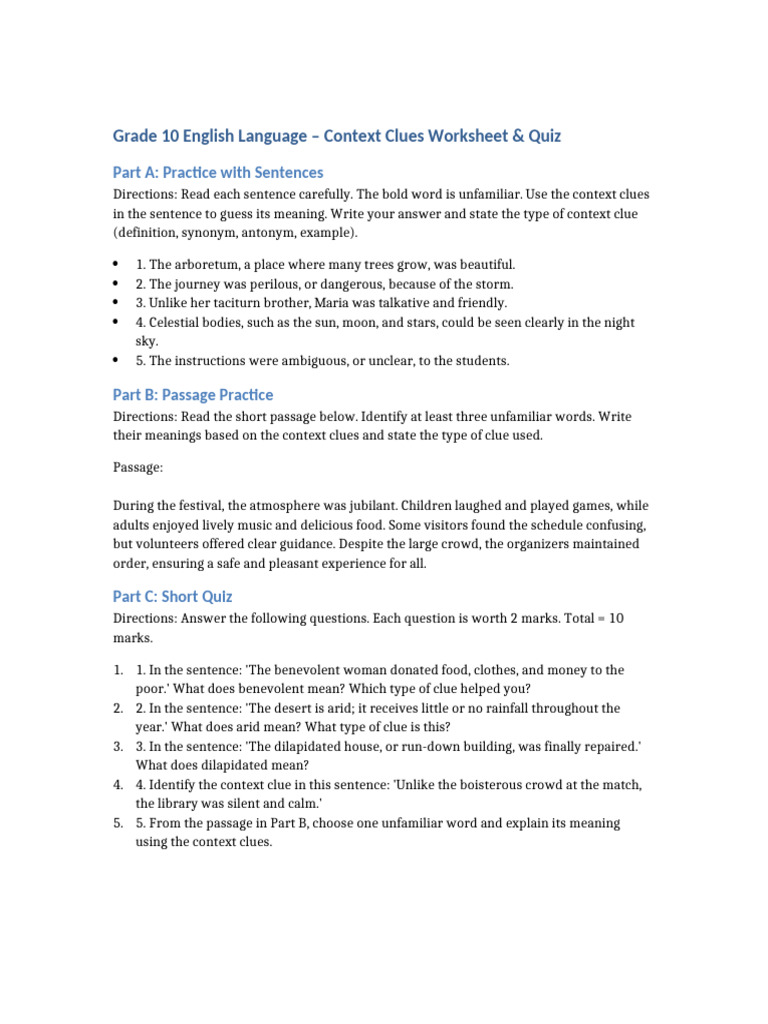 Grade 10 Context Clues Worksheet & Quiz | PDF