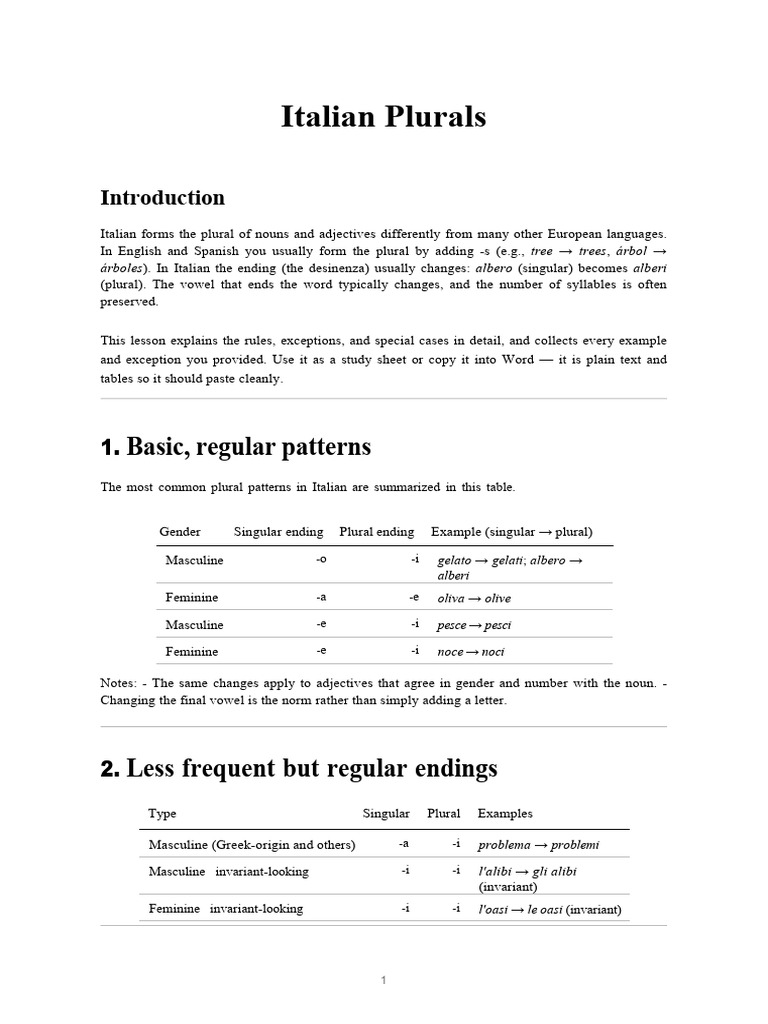 Italian Plurals | PDF | Grammatical Gender | Plural