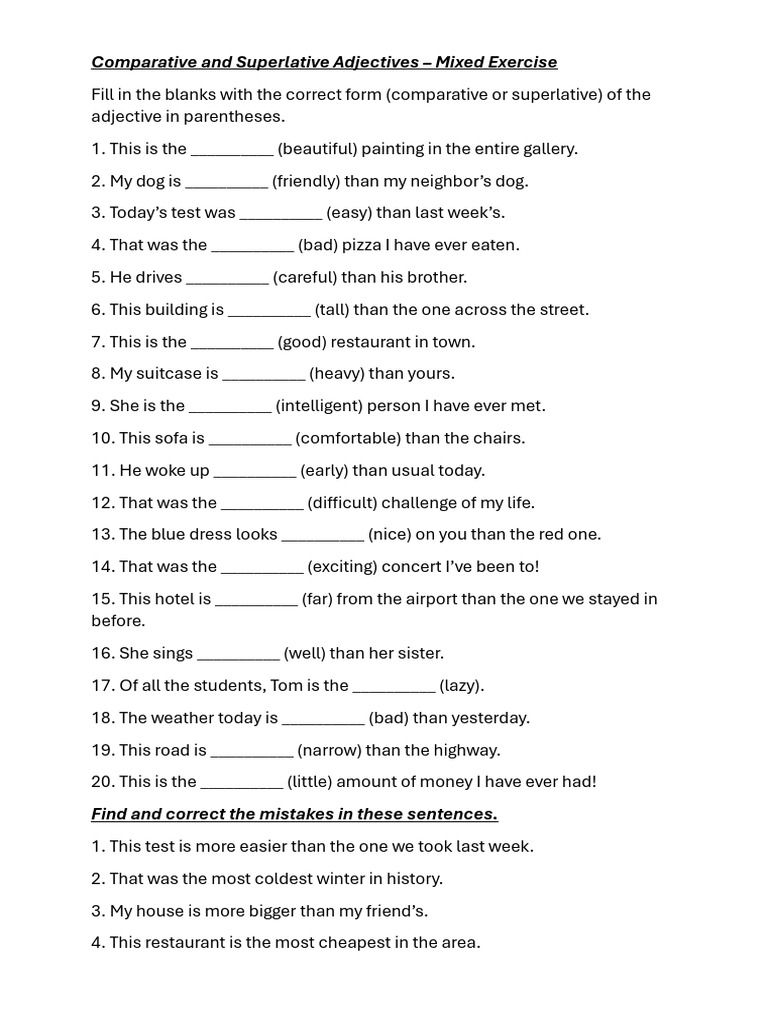 Comparative and Superlative Exercises | PDF