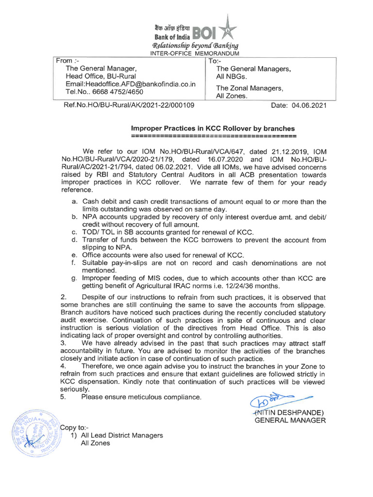 Improper Practices in KCC Rollover by Branches-1 | PDF